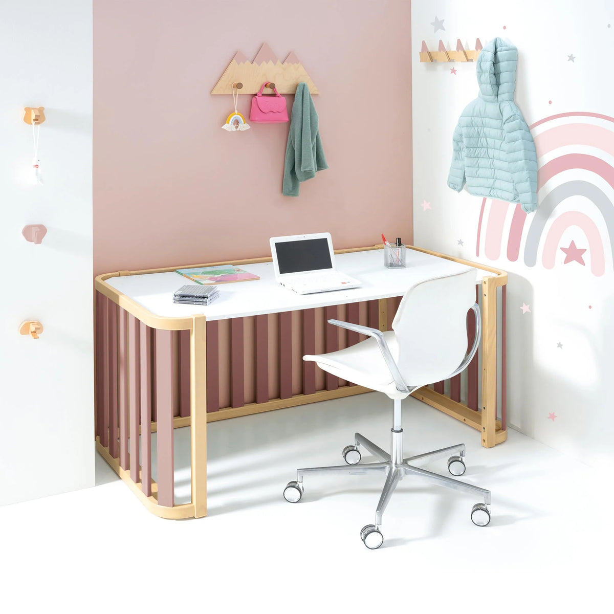 Mini crib-crib-bed-desk (4in1) wood/pink Crea Plus – BOIS BLANC HOME